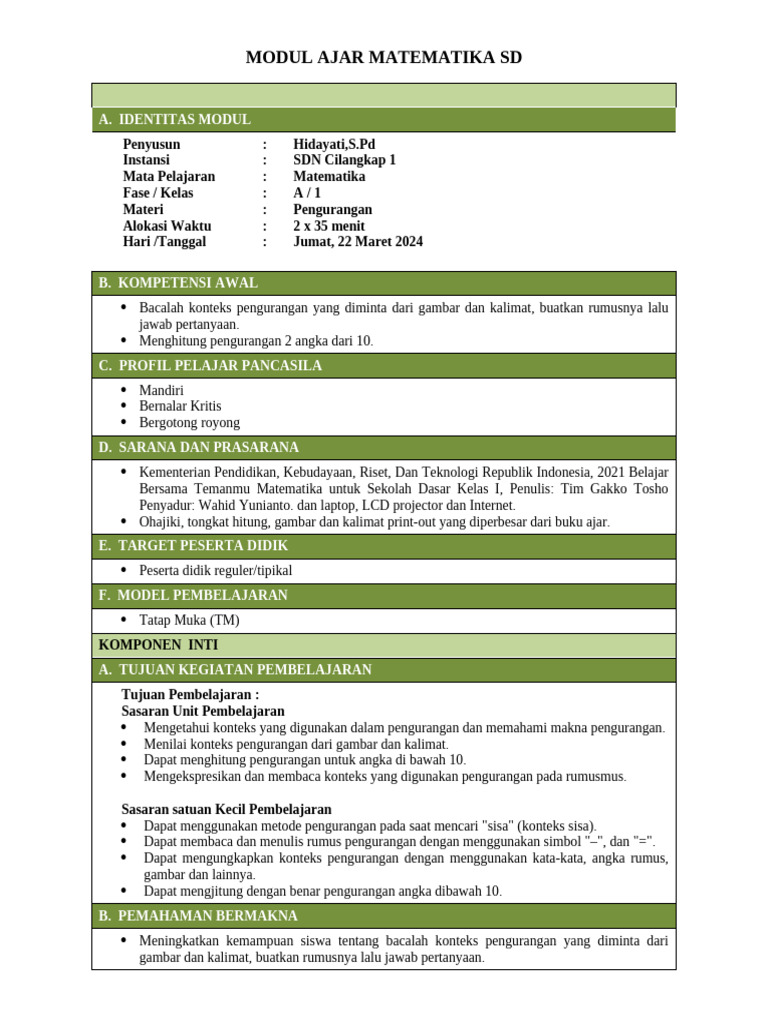 Modul Ajar Pengurangan Matematika SD | PDF