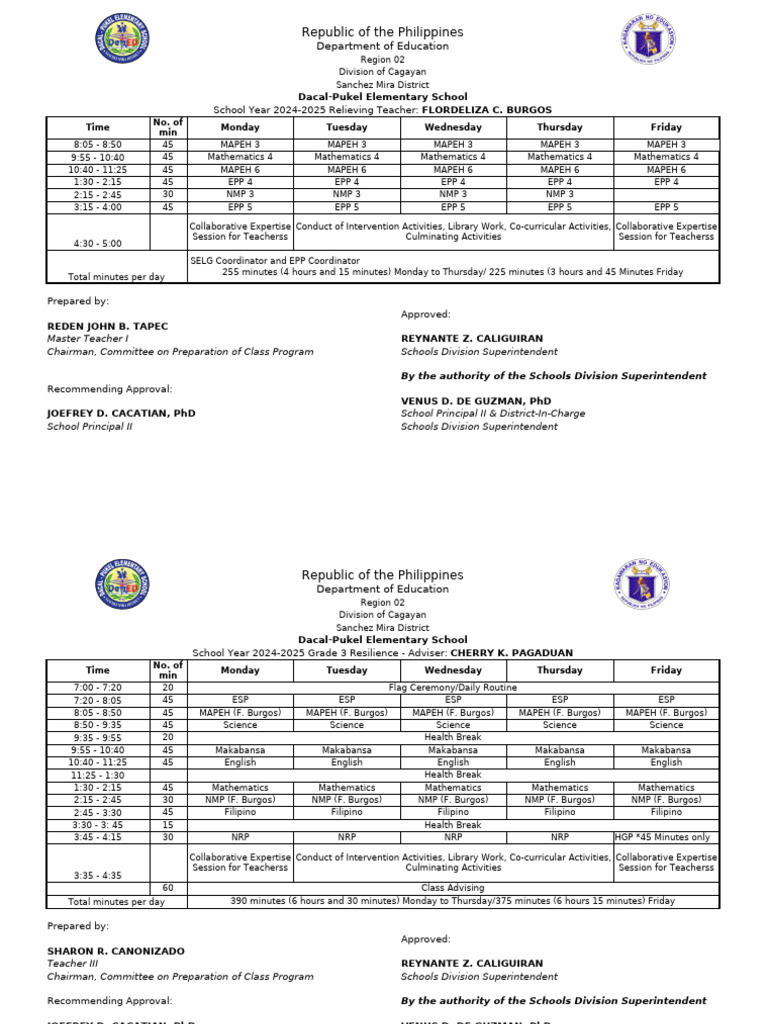 Dacal-Pukel Elementary School Class Schedule | PDF | Asia | Southeast Asia