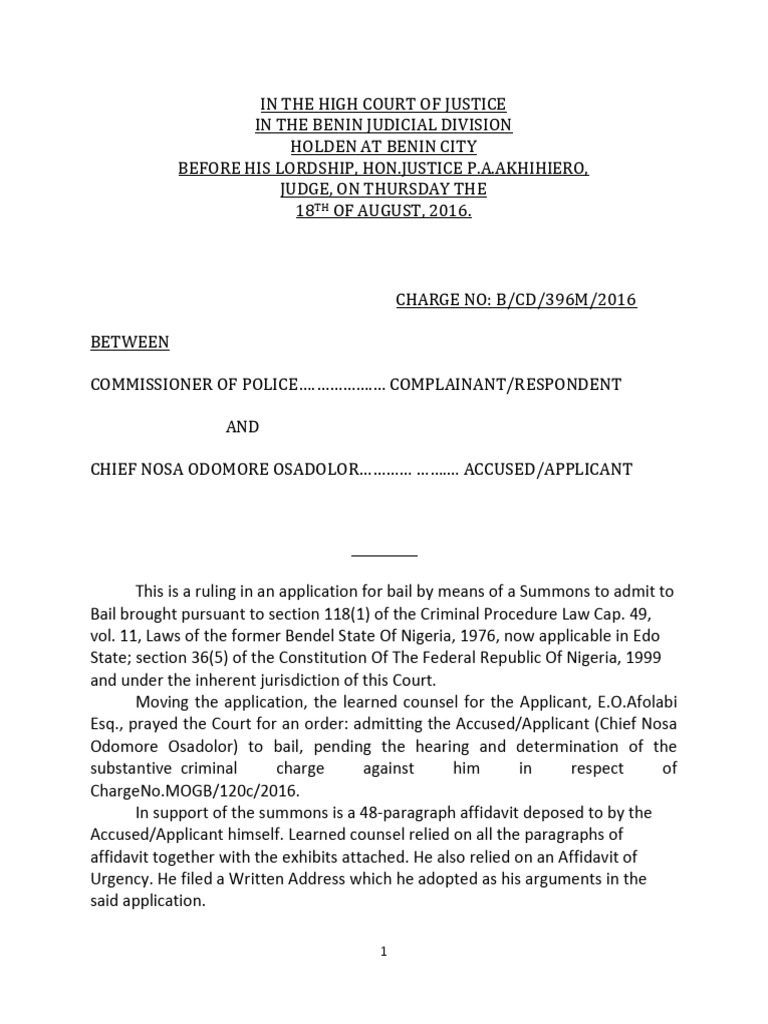 Charge No B CD 396m 2016 C O P V Nosa Osadolor | PDF | Bail | Crimes