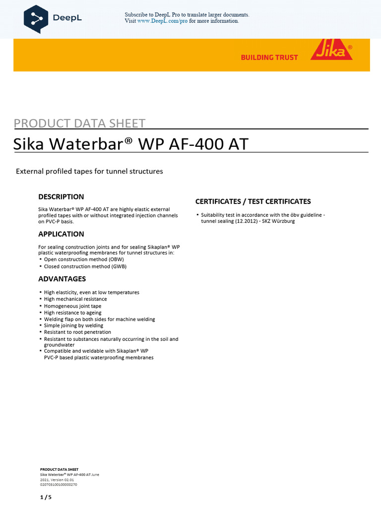 Sika Waterbar® WP AF-400 AT Overview | PDF | Welding | Construction