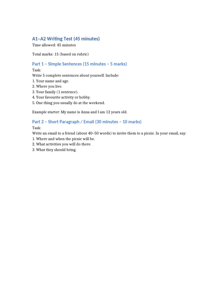 A1 A2 Writing Test | PDF