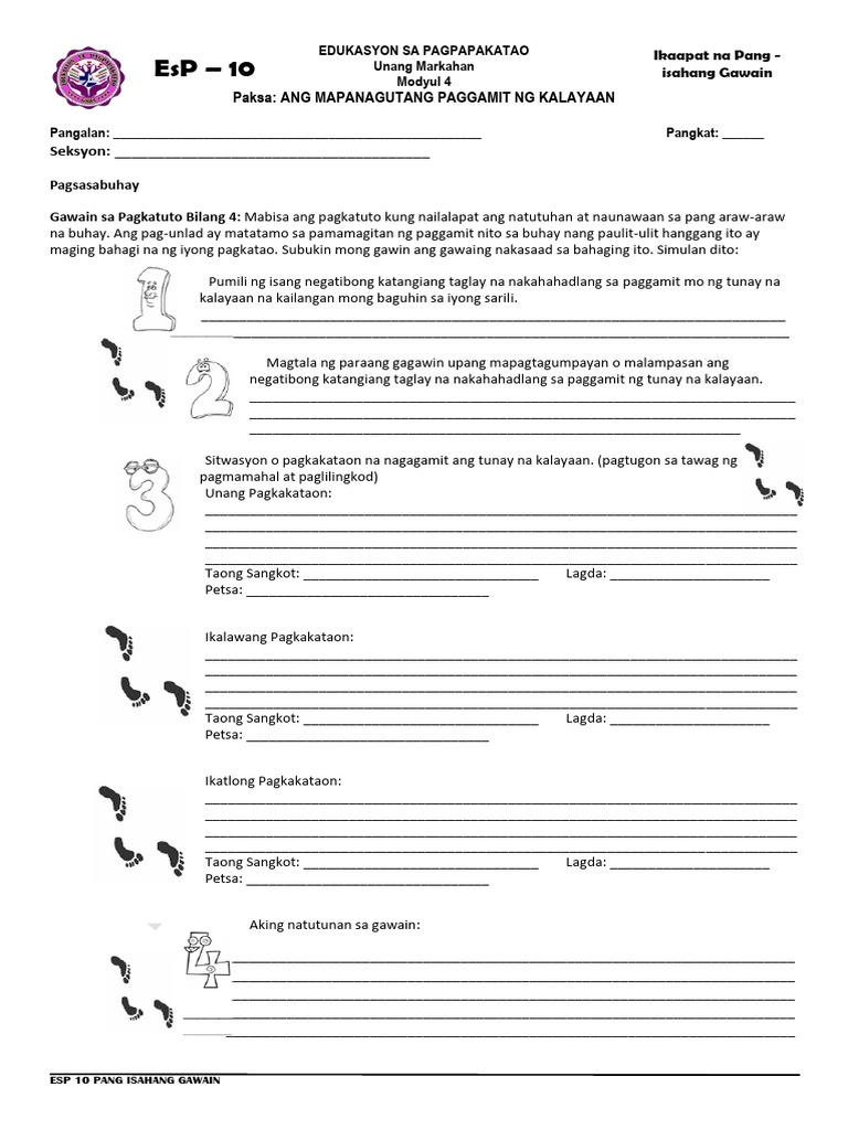 ESP 10 Ikaapat Na Pang Isahang Gawain 1st Quarter Mapanagutang Paggamit Ng Kalayaan (1) | PDF