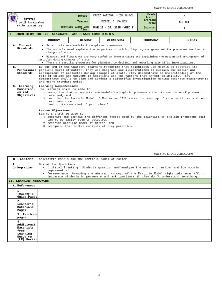Dll Matatag _science 7 q1 w1 | PDF | Conceptual Model | Liquids