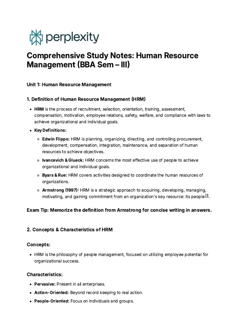 Comprehensive Study Notes - Human Resource Manageme | PDF | Human ...