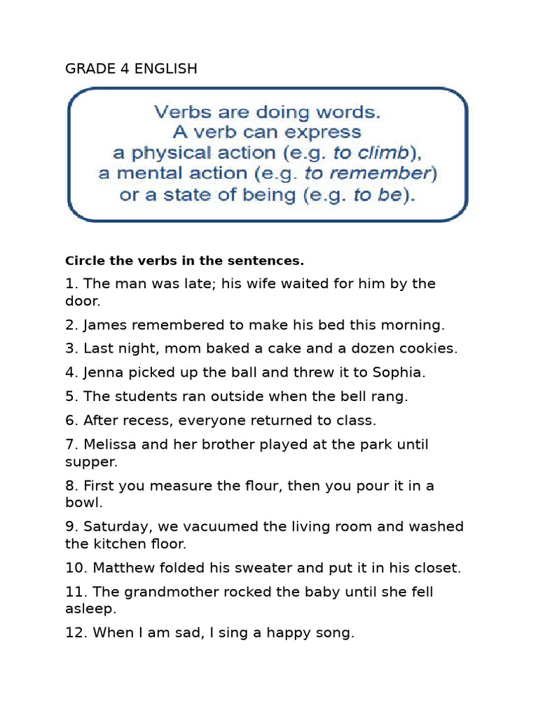 Grade 4 English Verb Activities | PDF