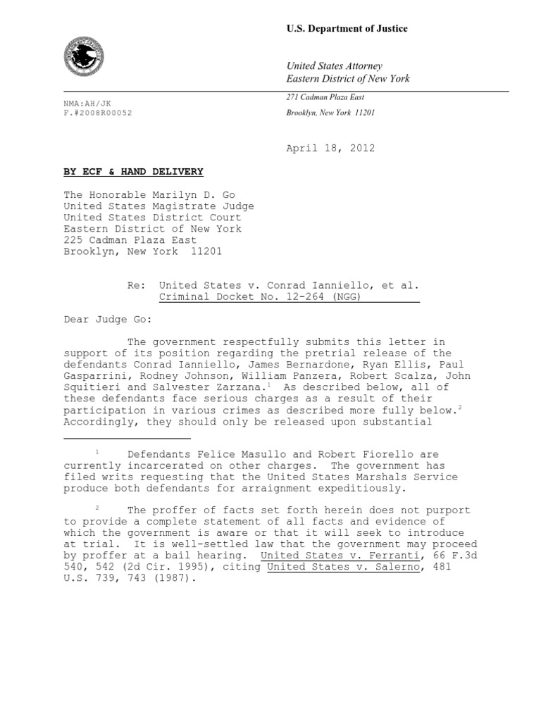 Bernardone/Ianniello/Zarzana Bail Letter | PDF | Bail | Crime & Violence