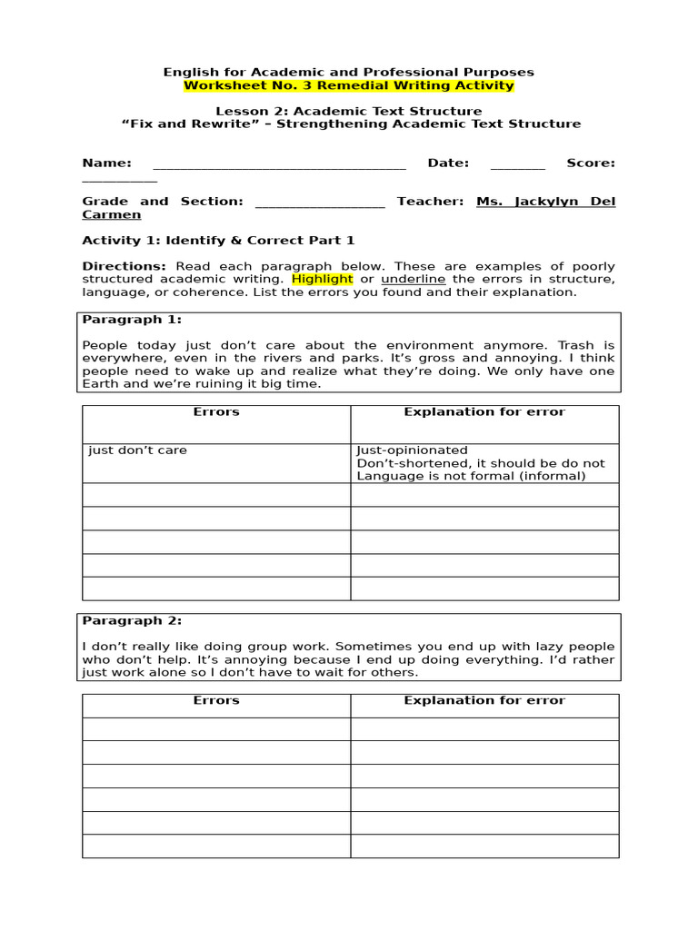 EAPP - Worksheet No. 3 Remedial Writing Activity | PDF | Paragraph ...