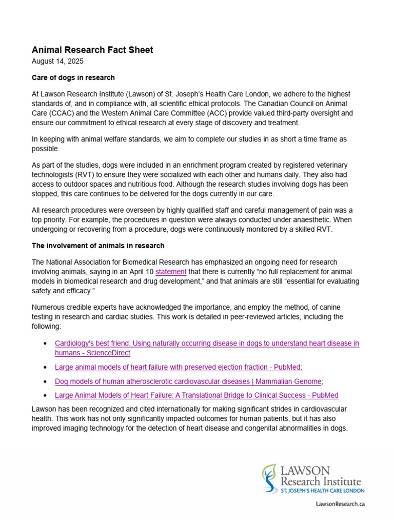 Lawson FACT SHEET Animal Research 2025 | PDF | Animal Testing | Animal ...