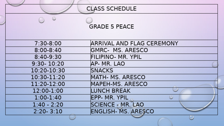 Grade 5 Class Schedule Overview | PDF