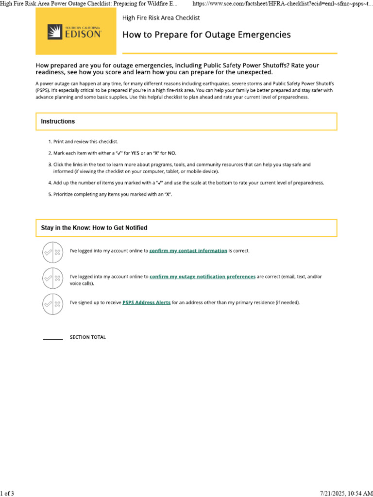 High Fire Risk Area Power Outage Checklist - Preparing For Wildfire ...