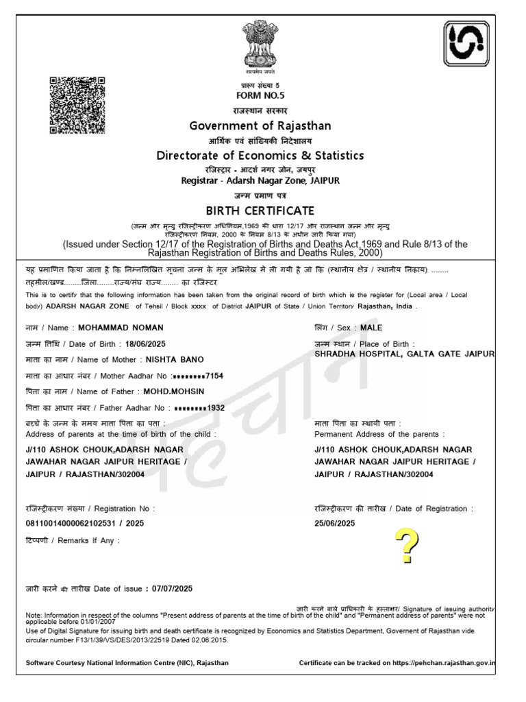 Noman Birth Certificate | PDF | Birth Certificate | Social Institutions