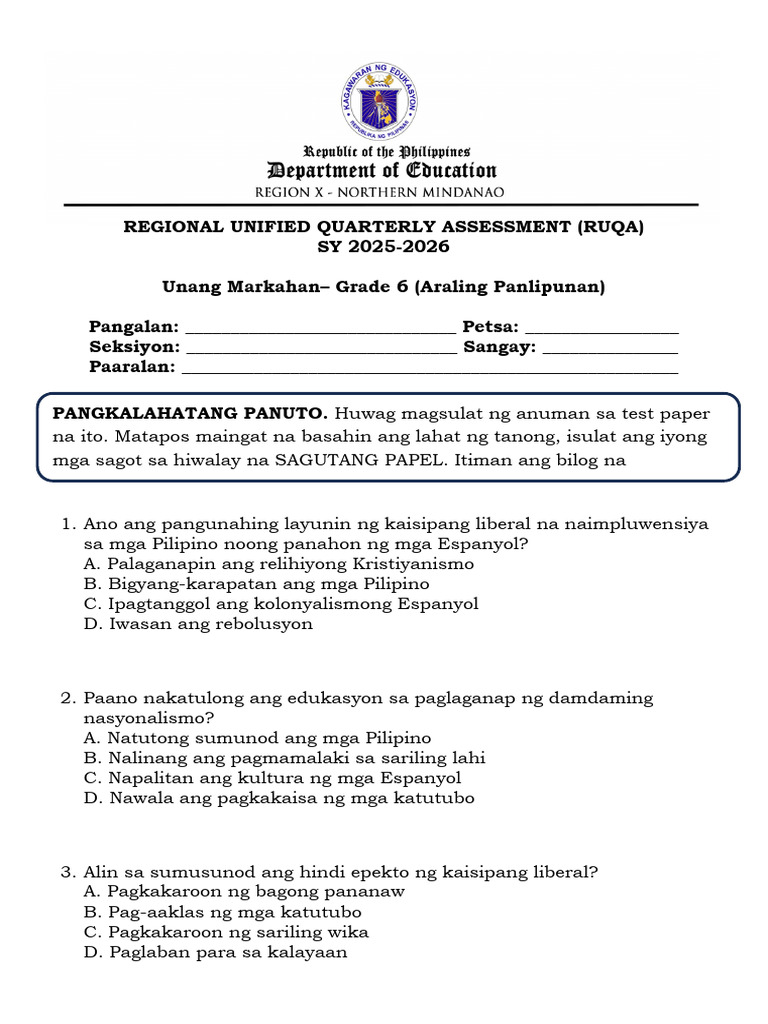 AP G6 Test QuestionnaireQ1 2025 26 | PDF