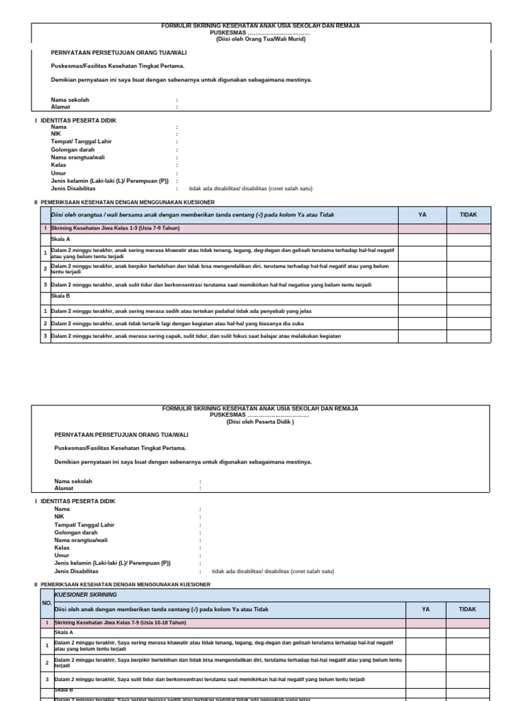 Kuesioner Keswa Seluruh Jenjang - CKG Sekolah | PDF