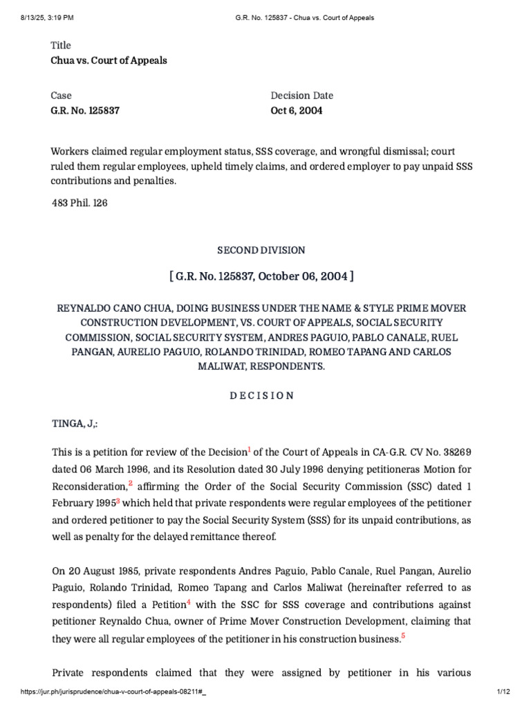 Chua vs. Court of Appeals: Employment Case | PDF | Employment | Laches ...