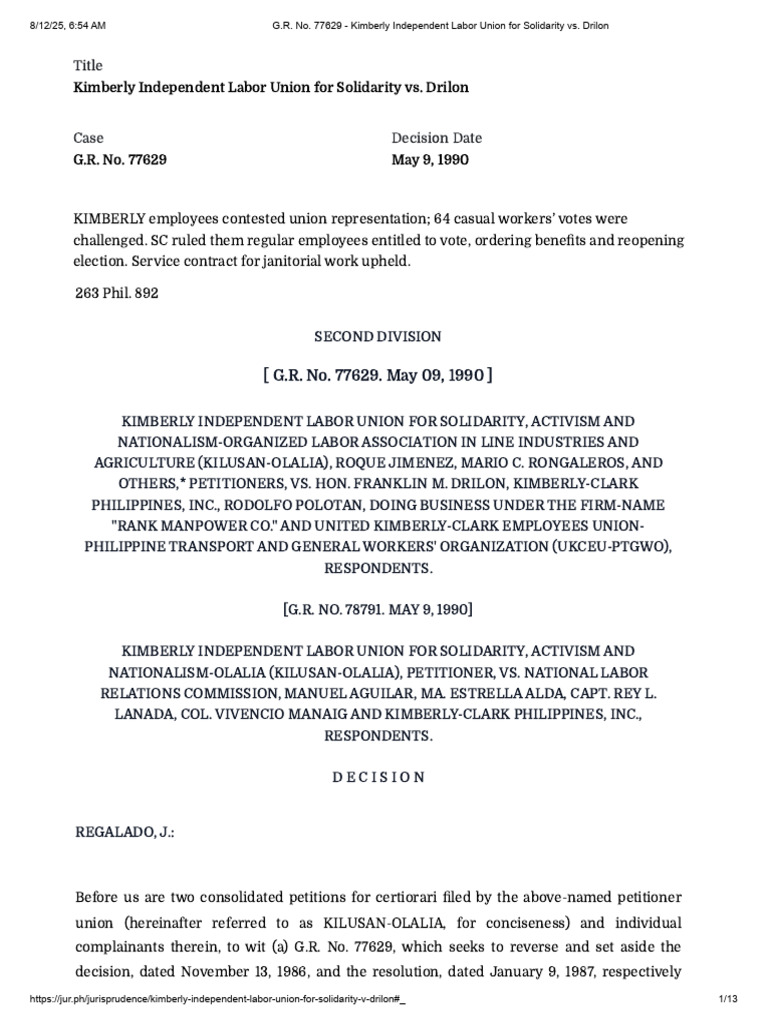 G.R. No. 77629 - Kimberly Independent Labor Union for Solidarity vs. Drilon | PDF | Cost Of ...