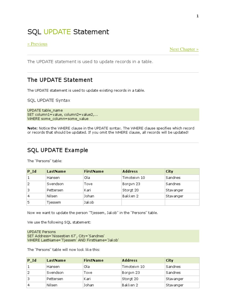 SQL Update Statement | PDF