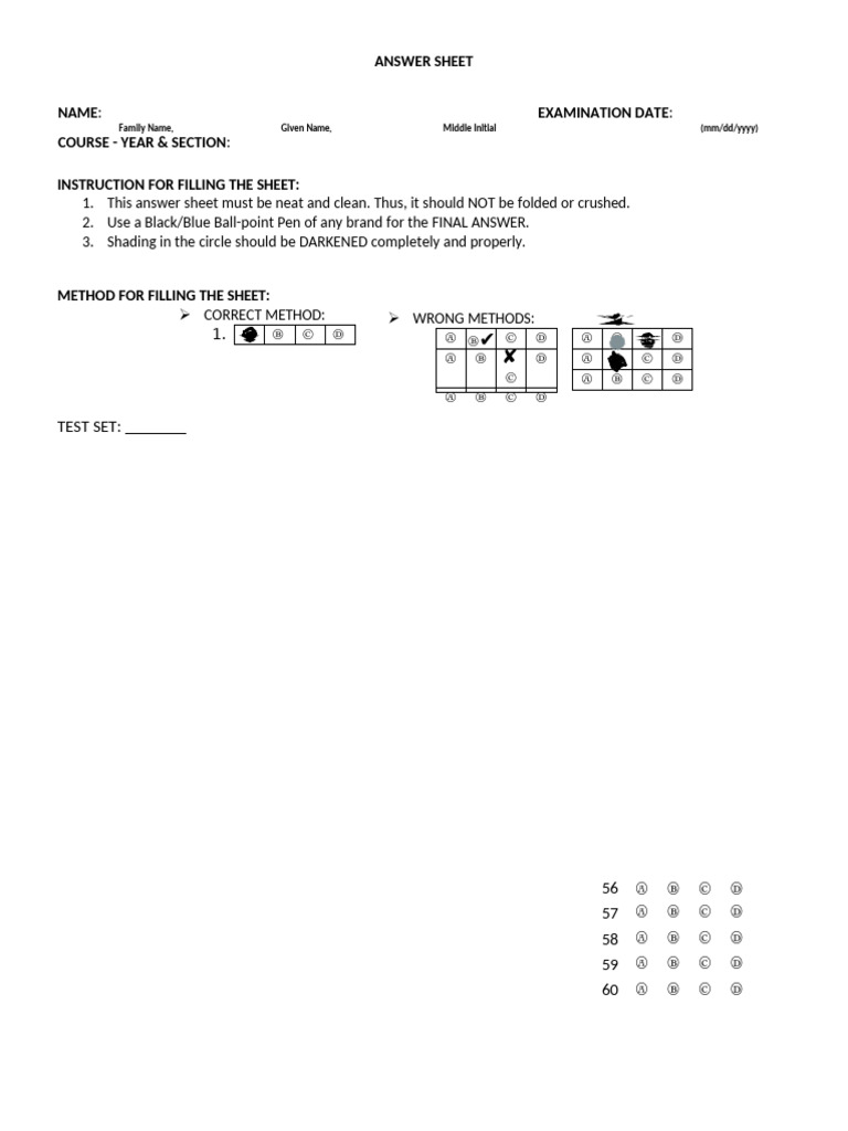 60-Item Answer Sheet Instructions | PDF