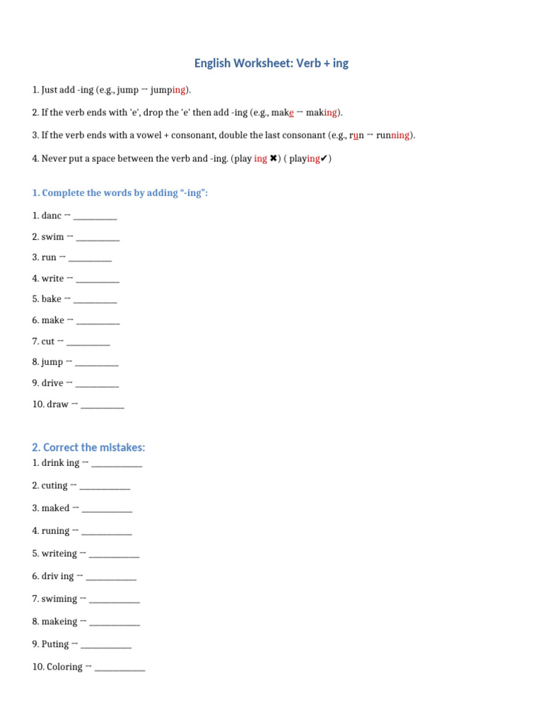 Verb + ing Worksheet for Grade 2 | PDF