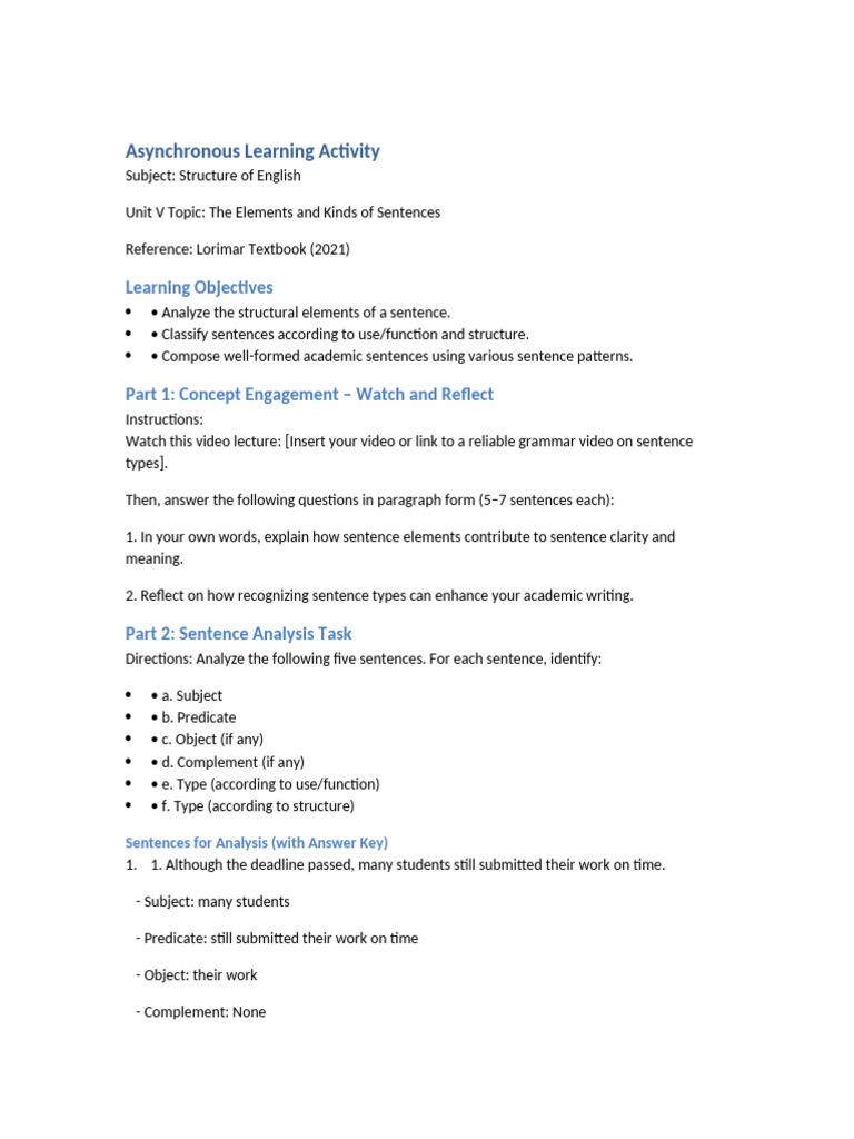 Asynchronous Sentence Structure Activity | PDF | Subject (Grammar ...