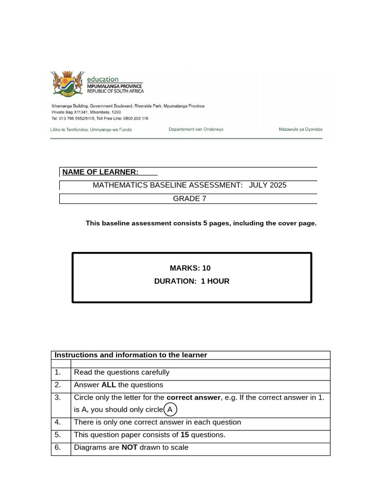 Grade 7 Math Baseline Assessment 2025 | PDF | Shape | Rectangle