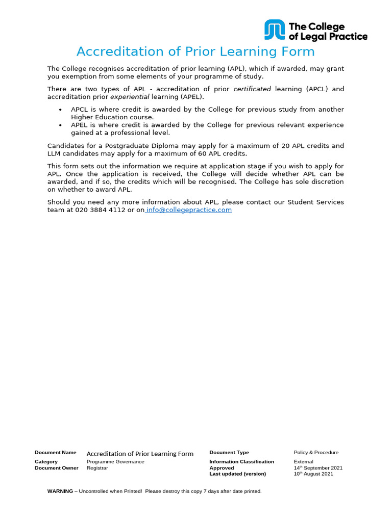 Accreditation of Prior Learning Form | PDF | College | Learning