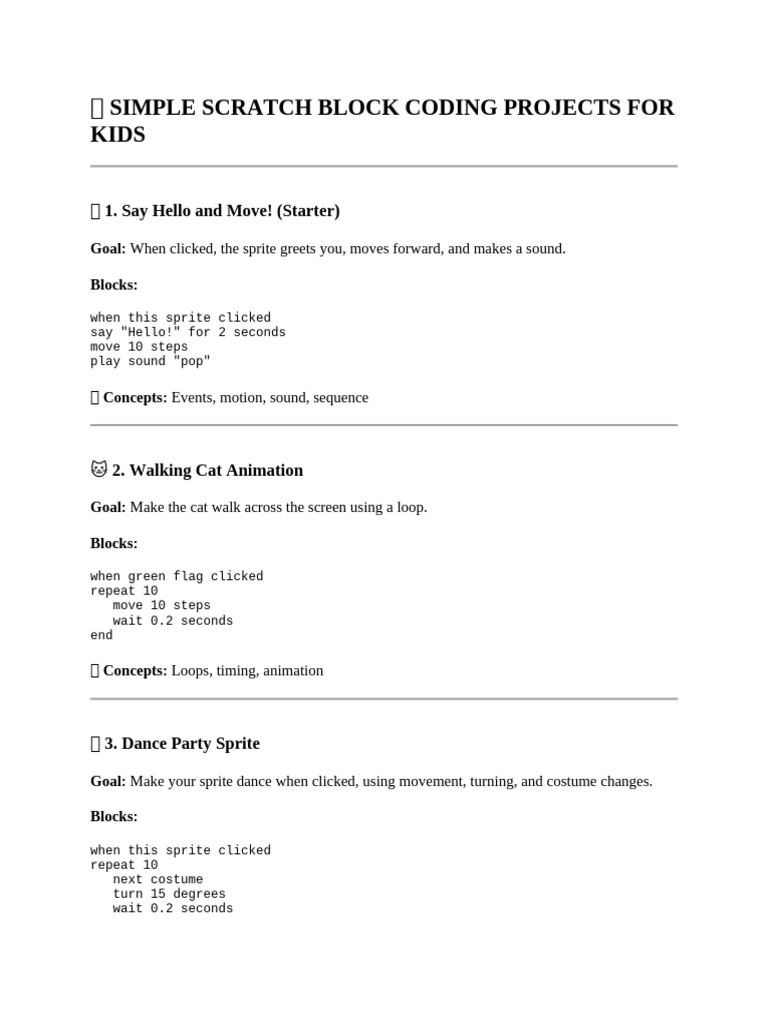 Simple Scratch Block Coding Projects For Kids | PDF