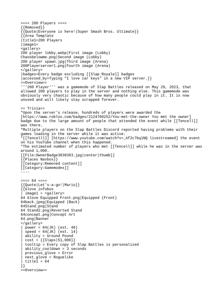 200 Player Gamemode Overview in Slap Battles | PDF | Mario | Hand