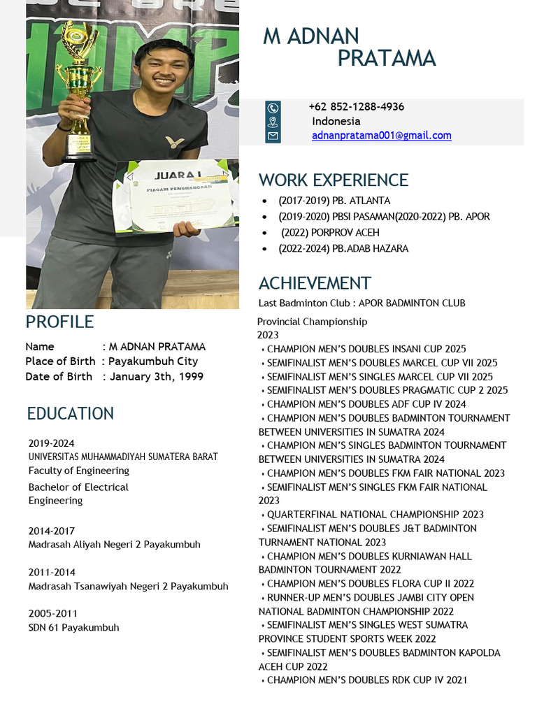 CV-Adnan Bdminton 2025 | PDF | Sports | Games Of Physical Skill