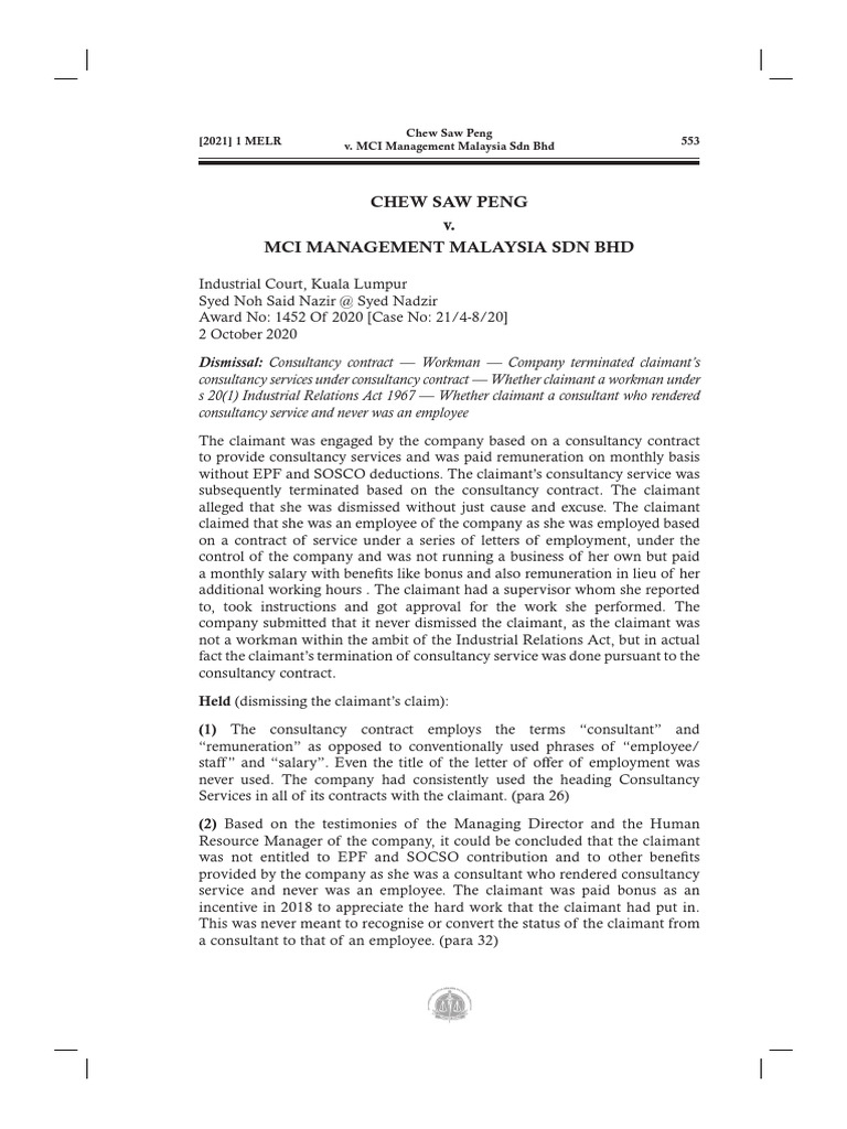 Chew Saw Peng v. MCI Management Case Summary | PDF | Burden Of Proof ...