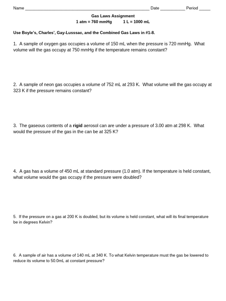 Gas Laws Assignment Worksheet | PDF