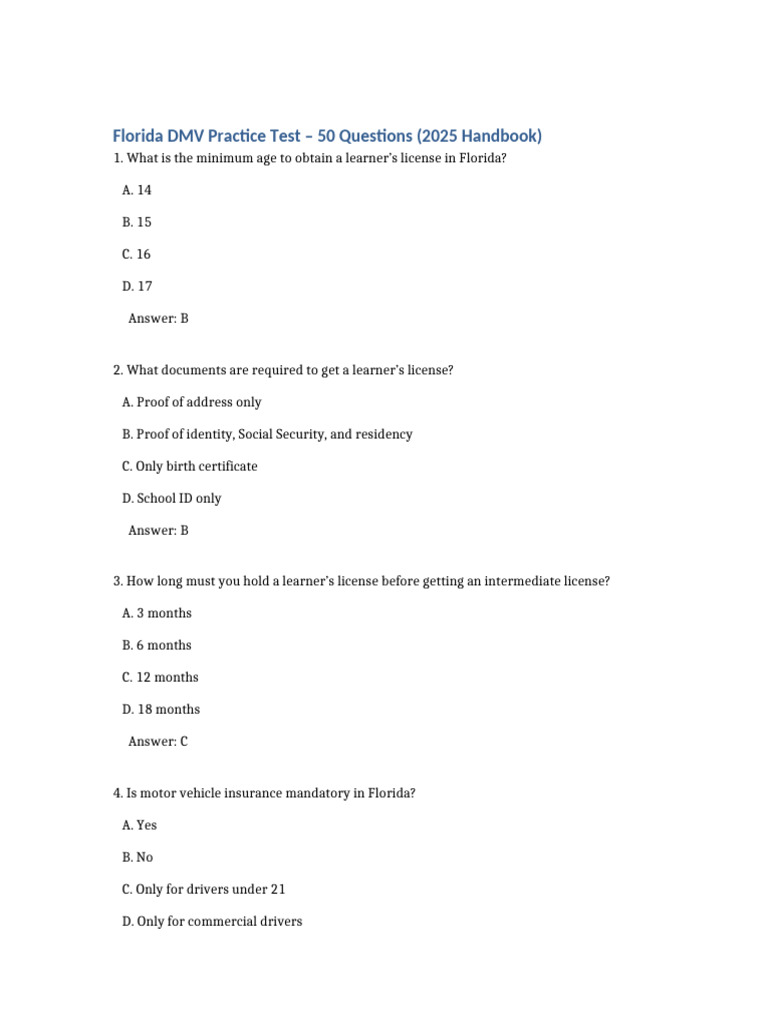Florida DMV Practice Test 2025 | PDF | Driving | Traffic