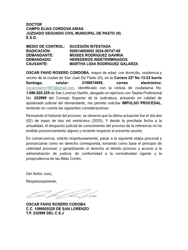 Oficio Impulso Procesal Sucesion Moises Rodriguez | PDF