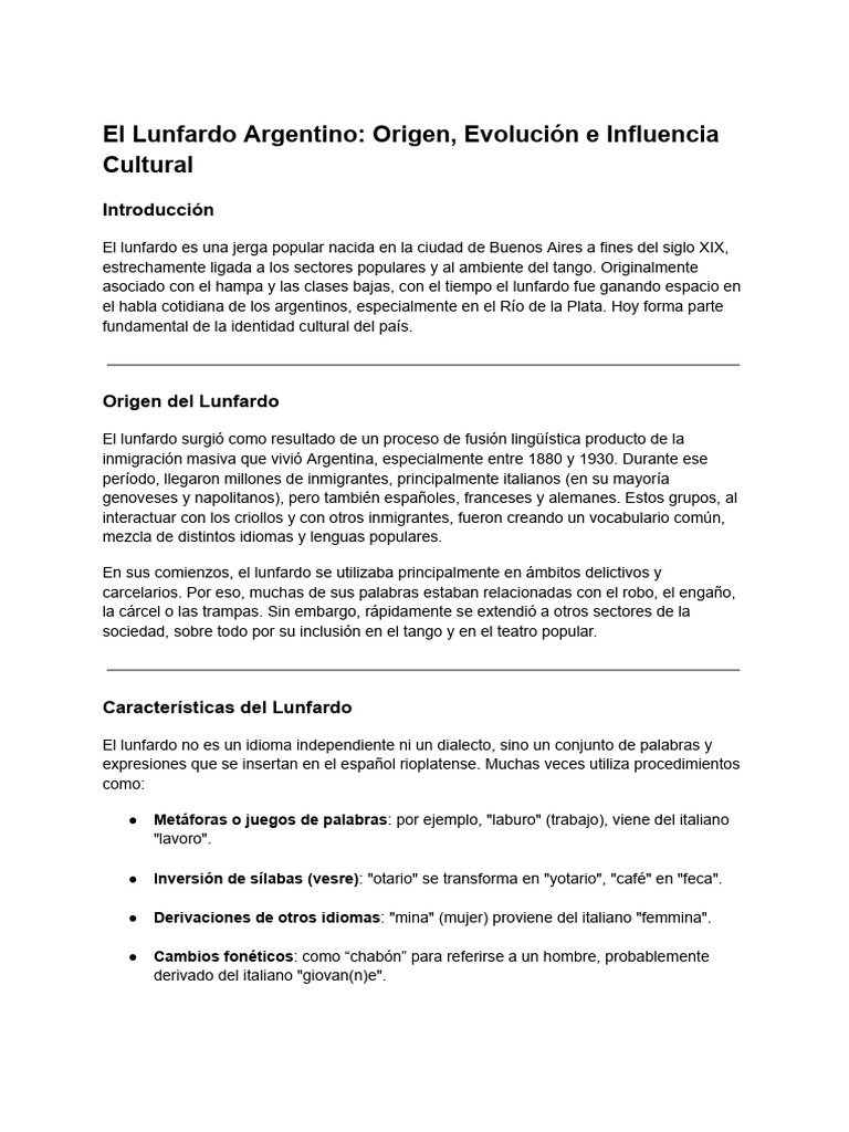 El Lunfardo Argentino - Origen, Evolución e Influencia Cultural | PDF ...
