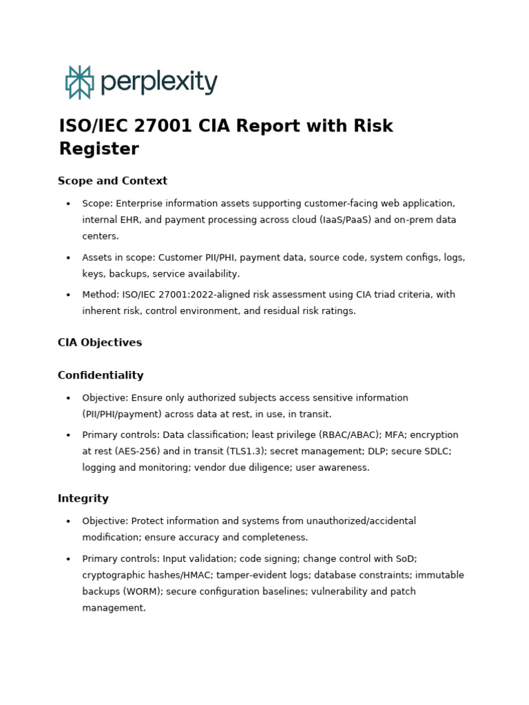 ISO 27001 CIA Risk Assessment Report | PDF | Information Security ...