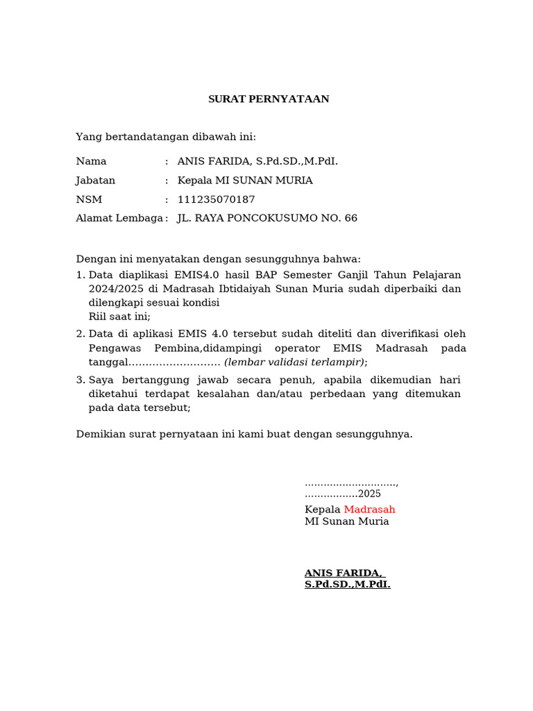 Surat Pernyataan Validasi Data EMIS 2025 | PDF