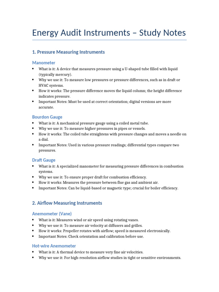 Energy Audit Instruments Overview | PDF | Pressure Measurement | Pressure