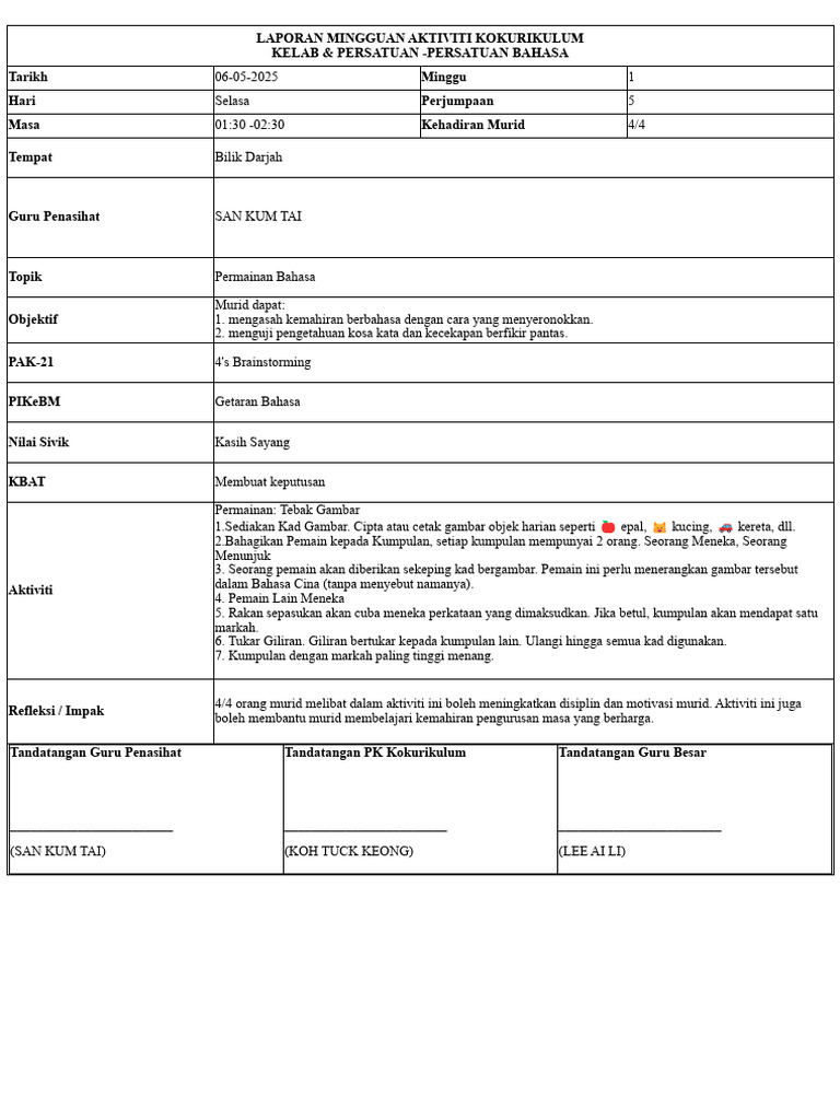Laporan KK Persatuan Bahasa 06052025 | PDF