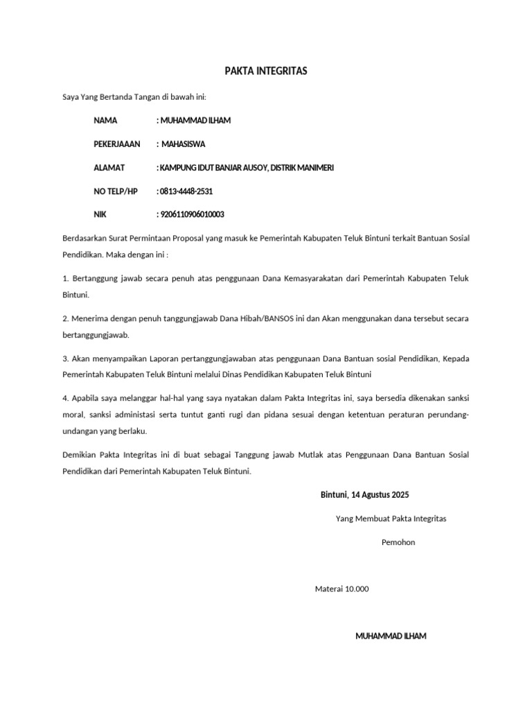 Pakta Integritas Muh - Ilham | PDF