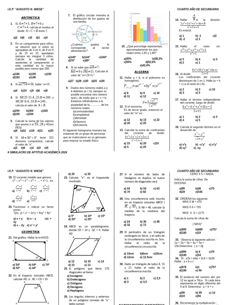 Simulacro II Bimestre - 4sec | PDF | Aritmética | Matemática Elemental