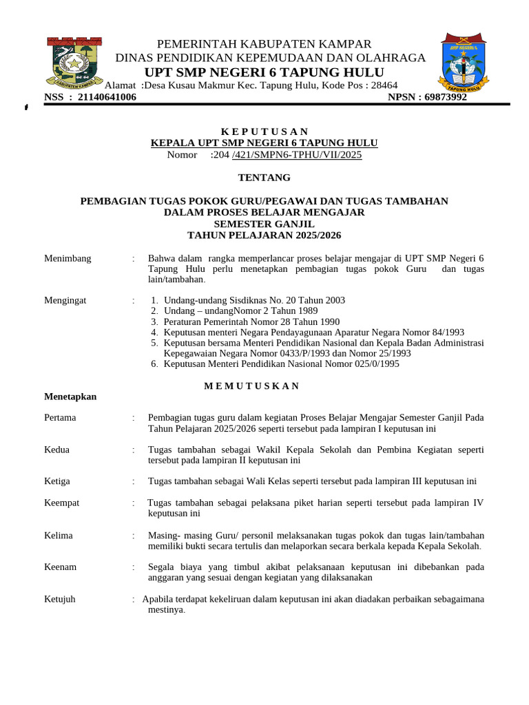 SK Pembagian Tugas 2025-2026 Ganjil | PDF