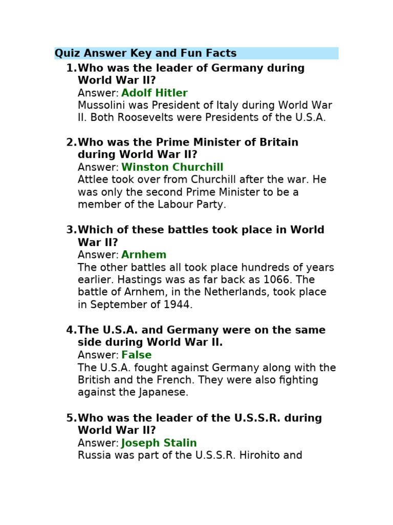 Quiz Answer Key and Fun Facts I and II World War | PDF | World War II ...