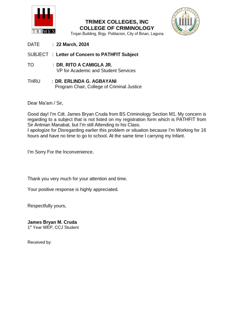 Concern Letter Regarding PATHFIT Class | PDF