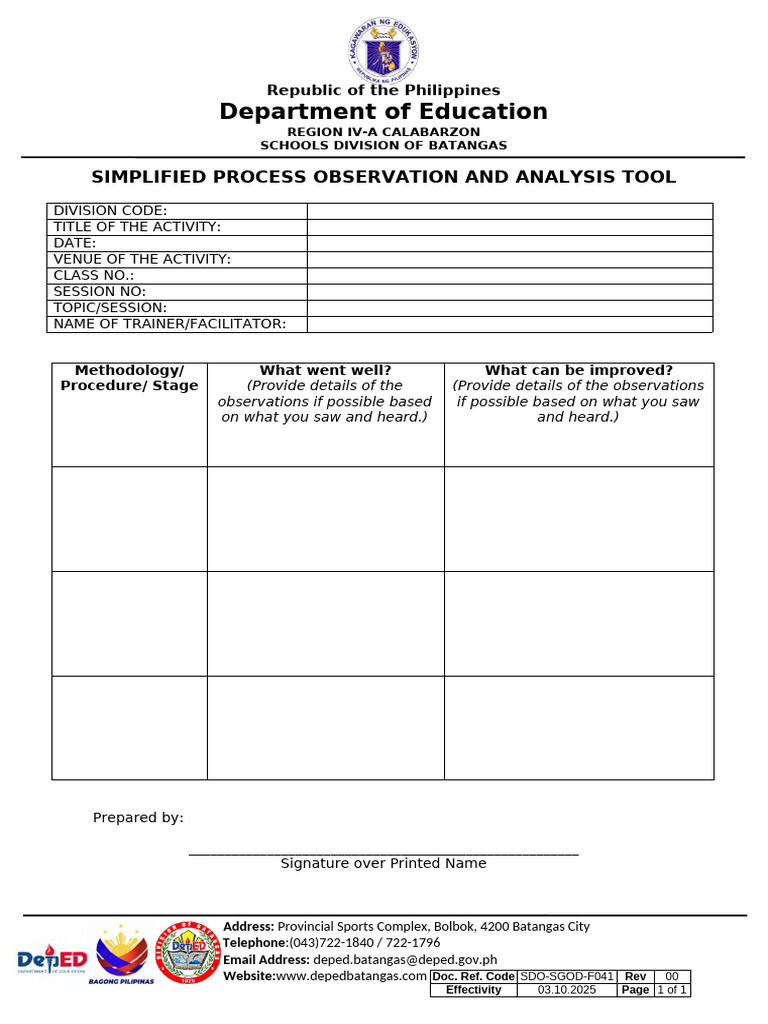 SDO SGOD F041 Simplified Process Observation Analysis Tool | PDF