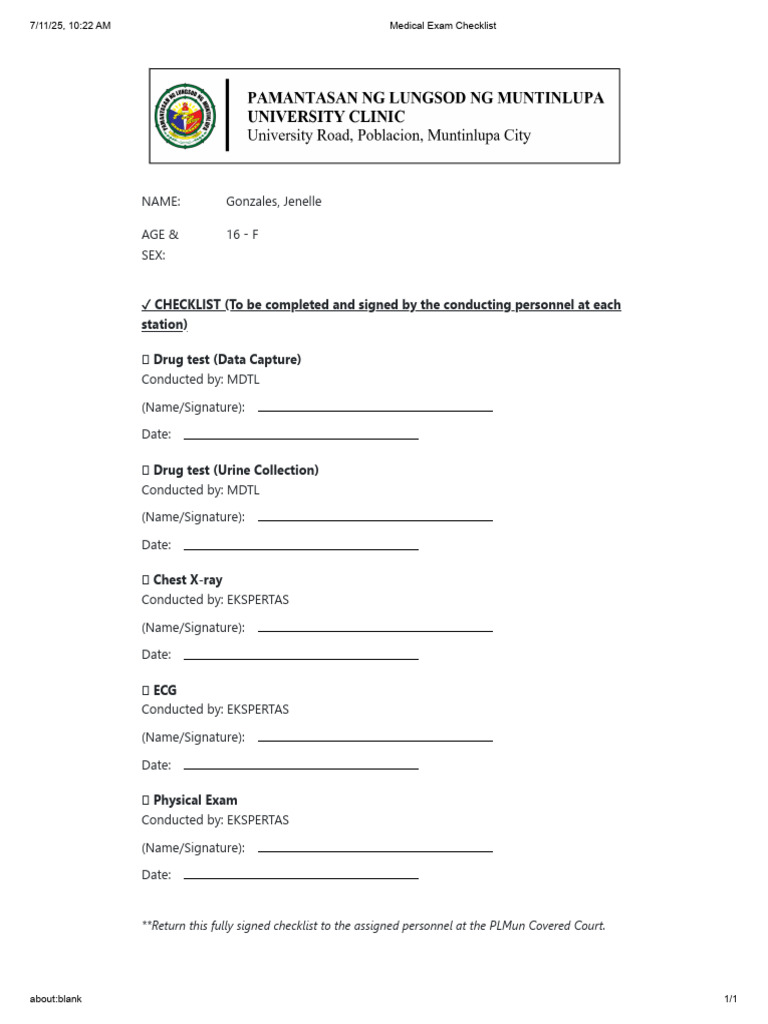 Medical Exam Checklist | PDF