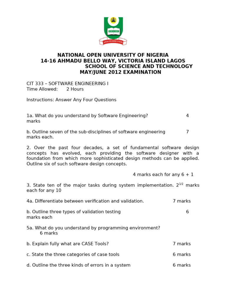 CIT 333 Software Engineering Exam Guide | PDF