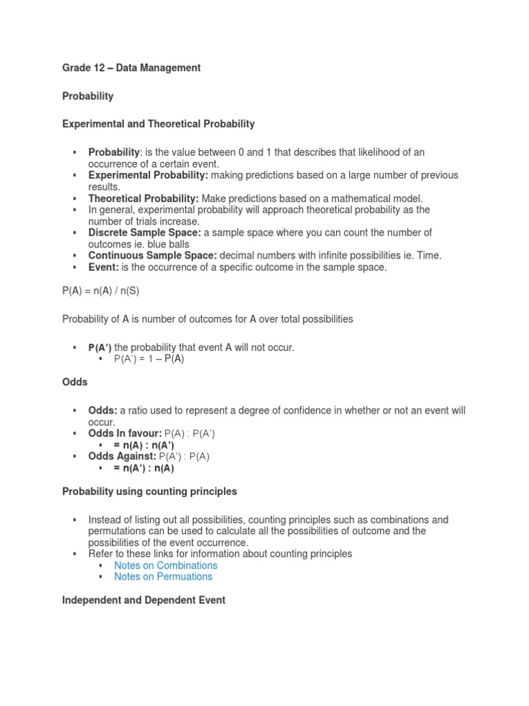 Grade 12 Data Management Notes | Probability | Odds