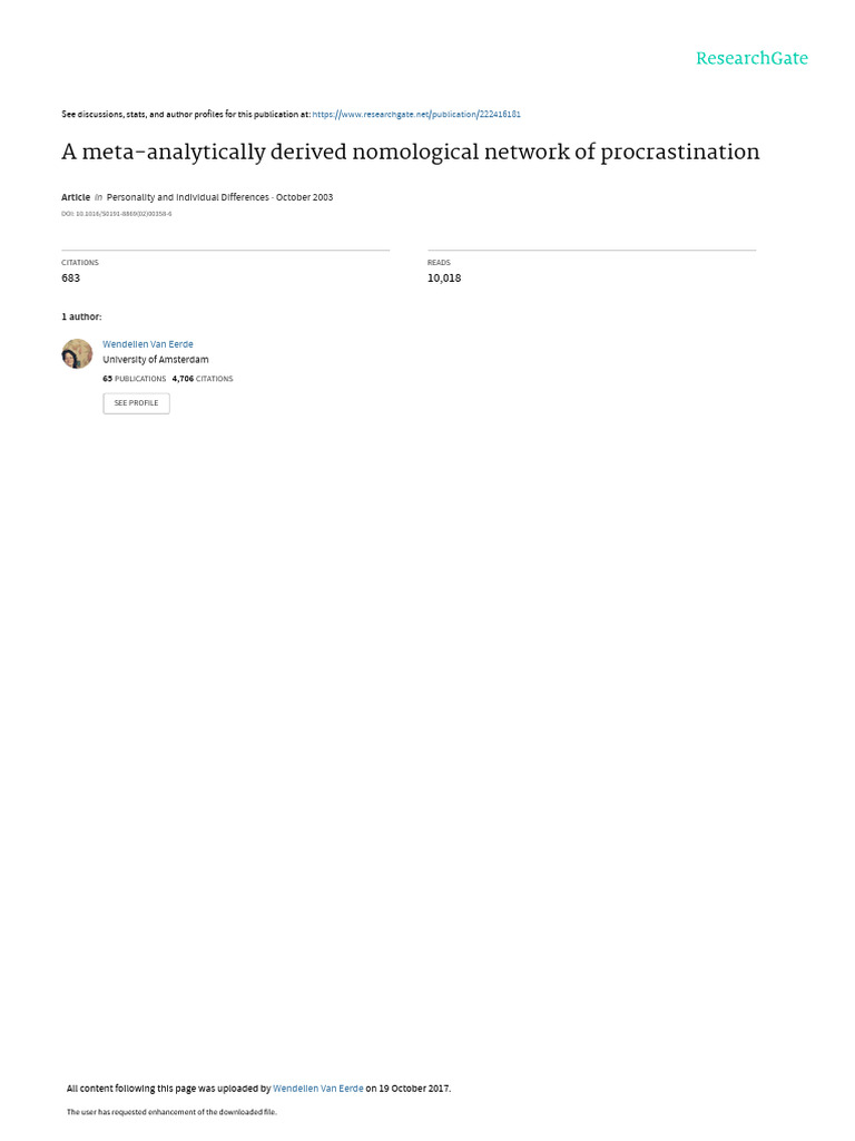 A Meta-Analytically Derived Nomological Network of | PDF | Procrastination | Professional Skills