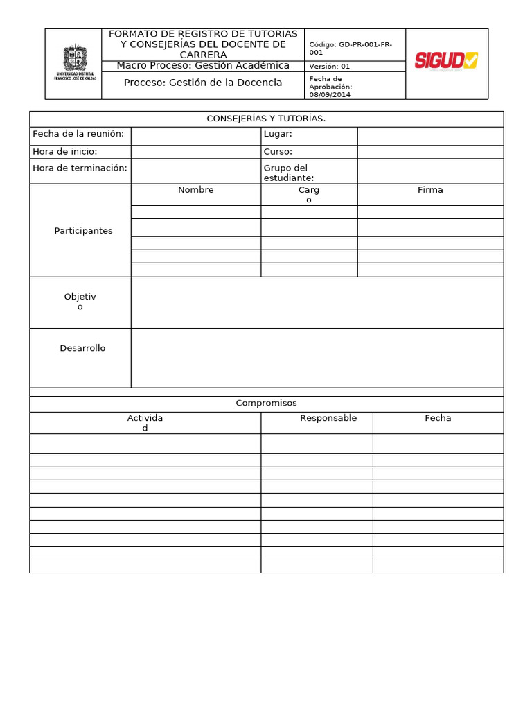 GD PR 001 FR 001 Formato Consejerias | PDF