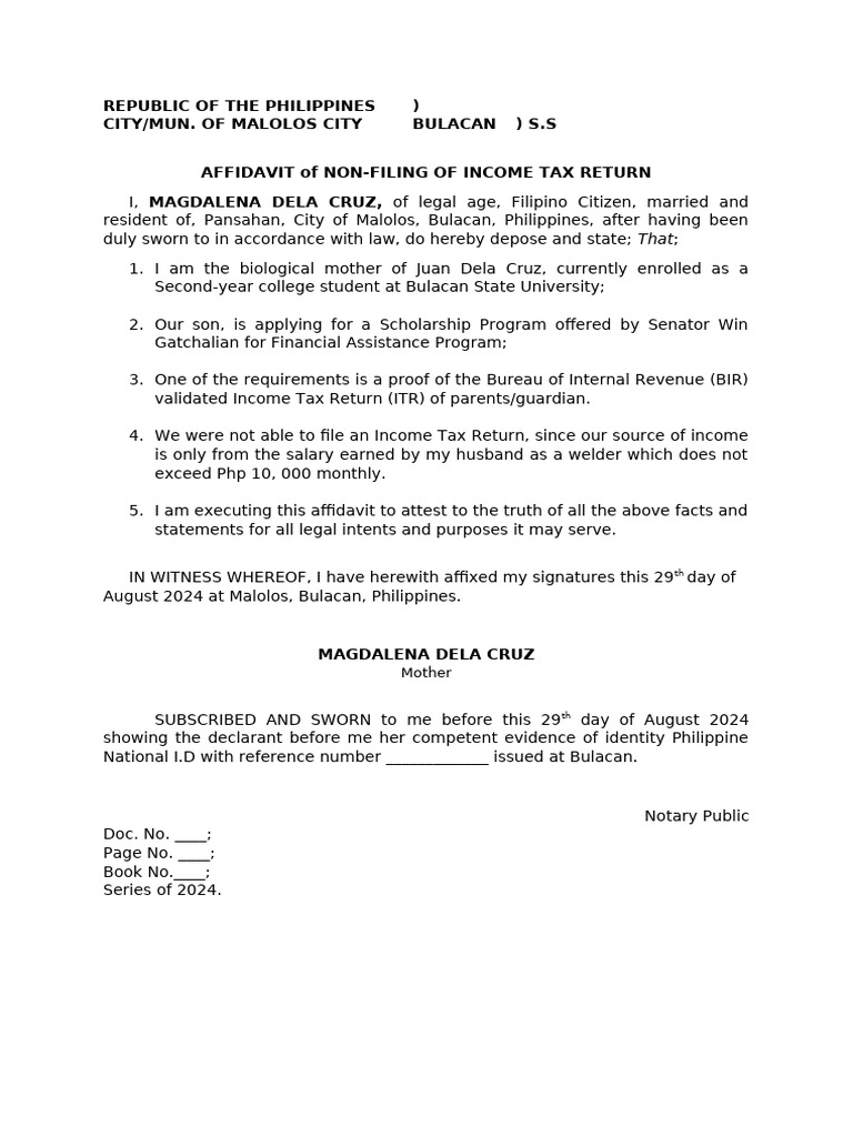 Affidavit of Non-Filing of Income Tax Return | PDF
