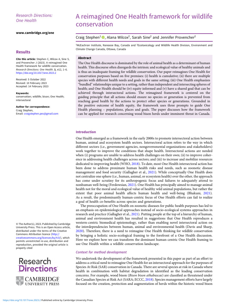 A Reimagined One Health Framework For Wildlife Conservation | PDF ...